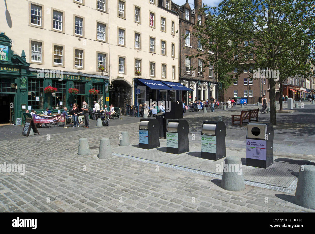 A display of modern re-cycling bins at the Grassmarket in the old town ...