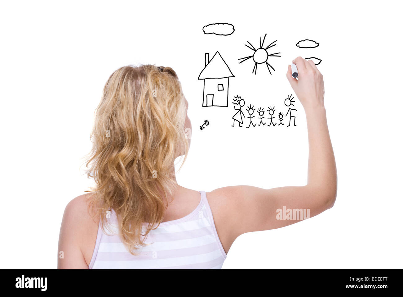 Full isolated portrait of a beautiful caucasian woman drawing a family ...