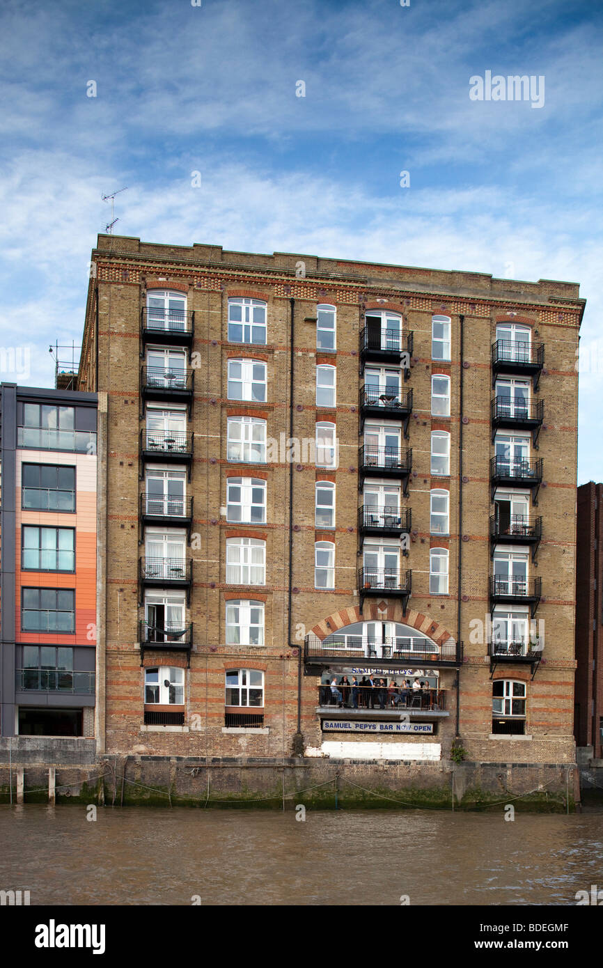 Riverside apartment building where The Samuel Pepys bar is located, the ...