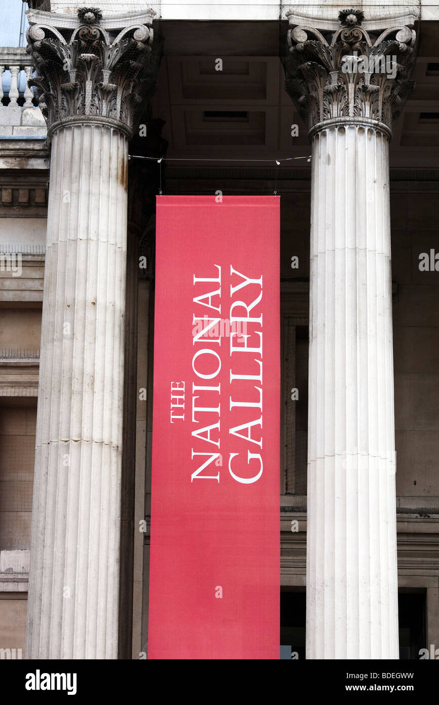 National Gallery columns and banner, London, England, United Kingdom ...