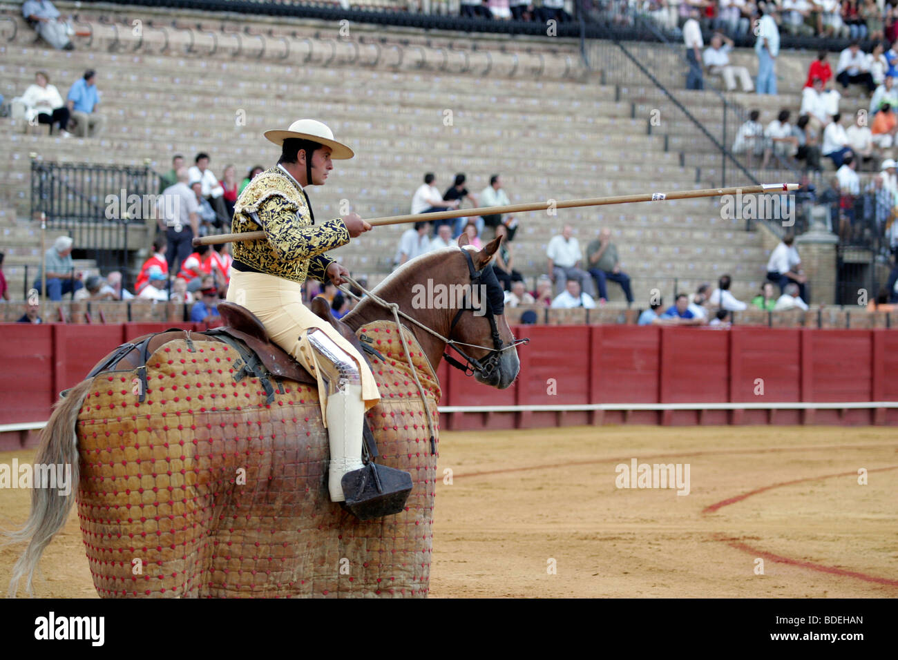 Picador waiting for the bull charge. Bullfight at Real Maestranza ...