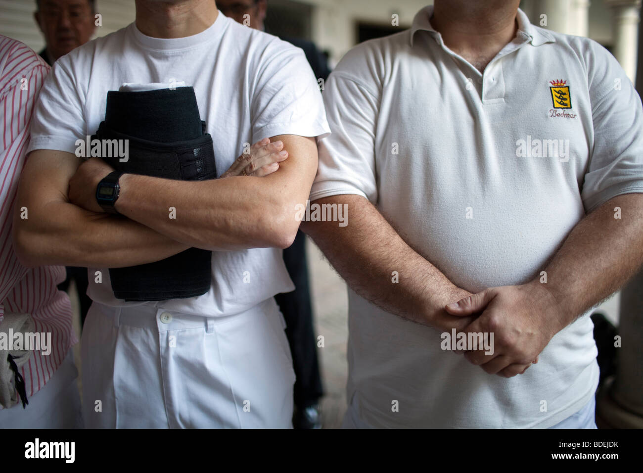 Chest detail of a couple of costaleros (float bearers). Corpus Christi ...