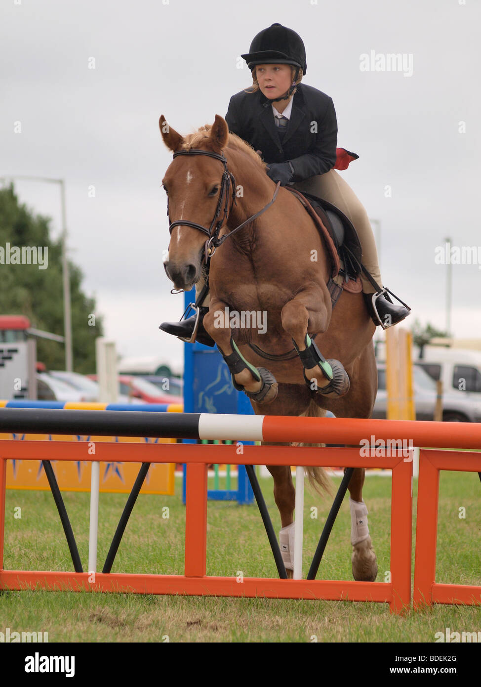 Teenage girl show jumping Stock Photo - Alamy