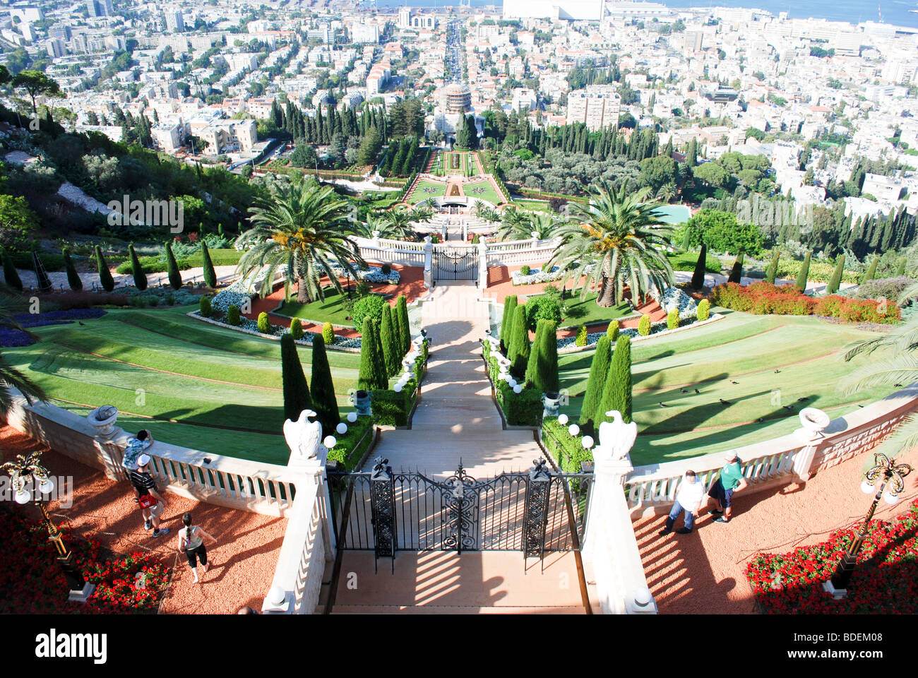 Israel, Haifa, The Bahai Gardens. Haifa port and bay of Haifa in the ...