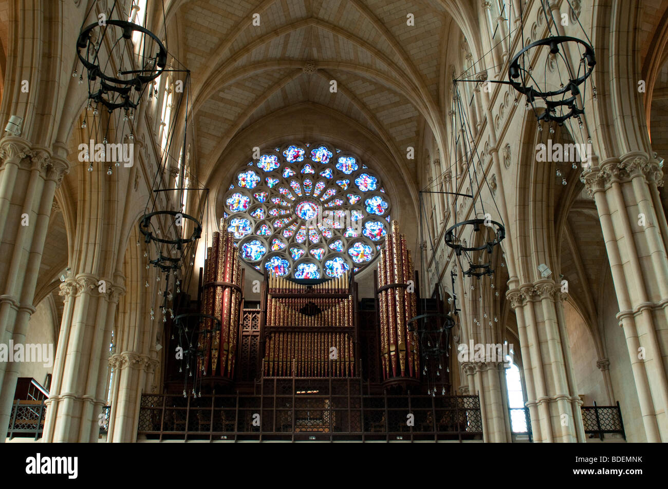 Rose window and the organ of Arundel Cathedral, West Sussex, UK Stock ...