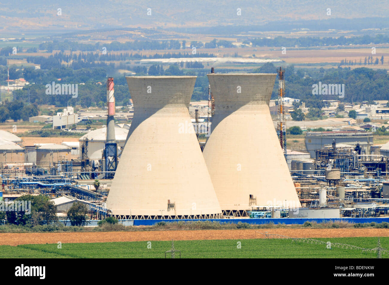 Israel, Haifa bay, View of the chimneys of the oil refinery Stock Photo ...