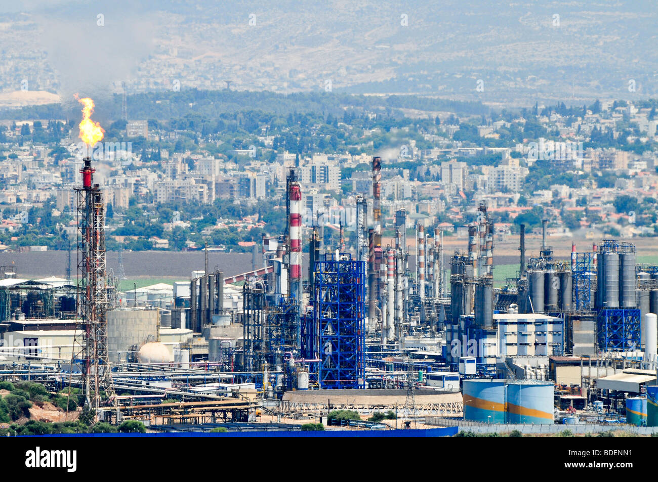 Israel, Haifa bay, View of the chimneys of the oil refinery Stock Photo ...