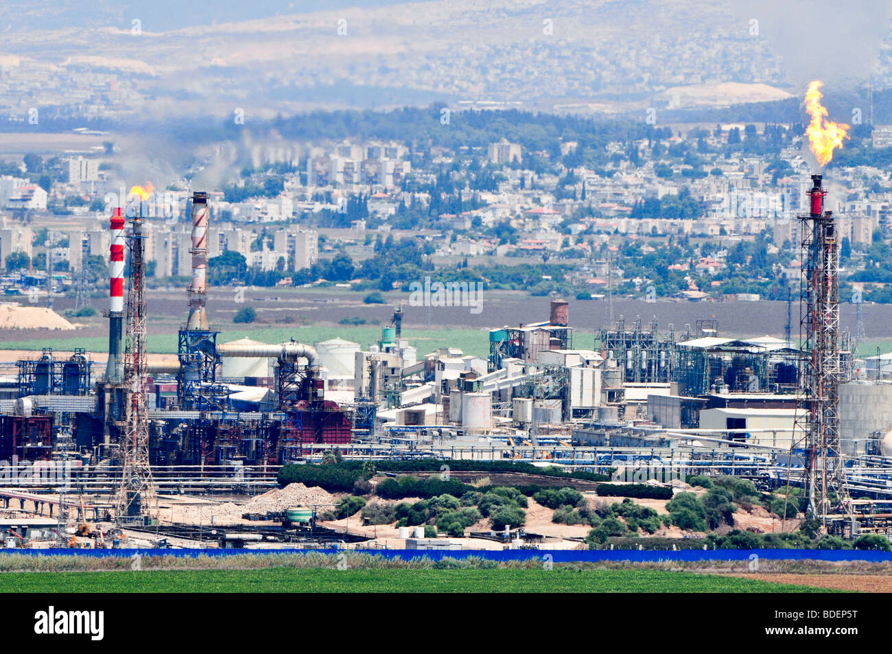 Israel, Haifa bay, View of the chimneys of the oil refinery Stock Photo ...