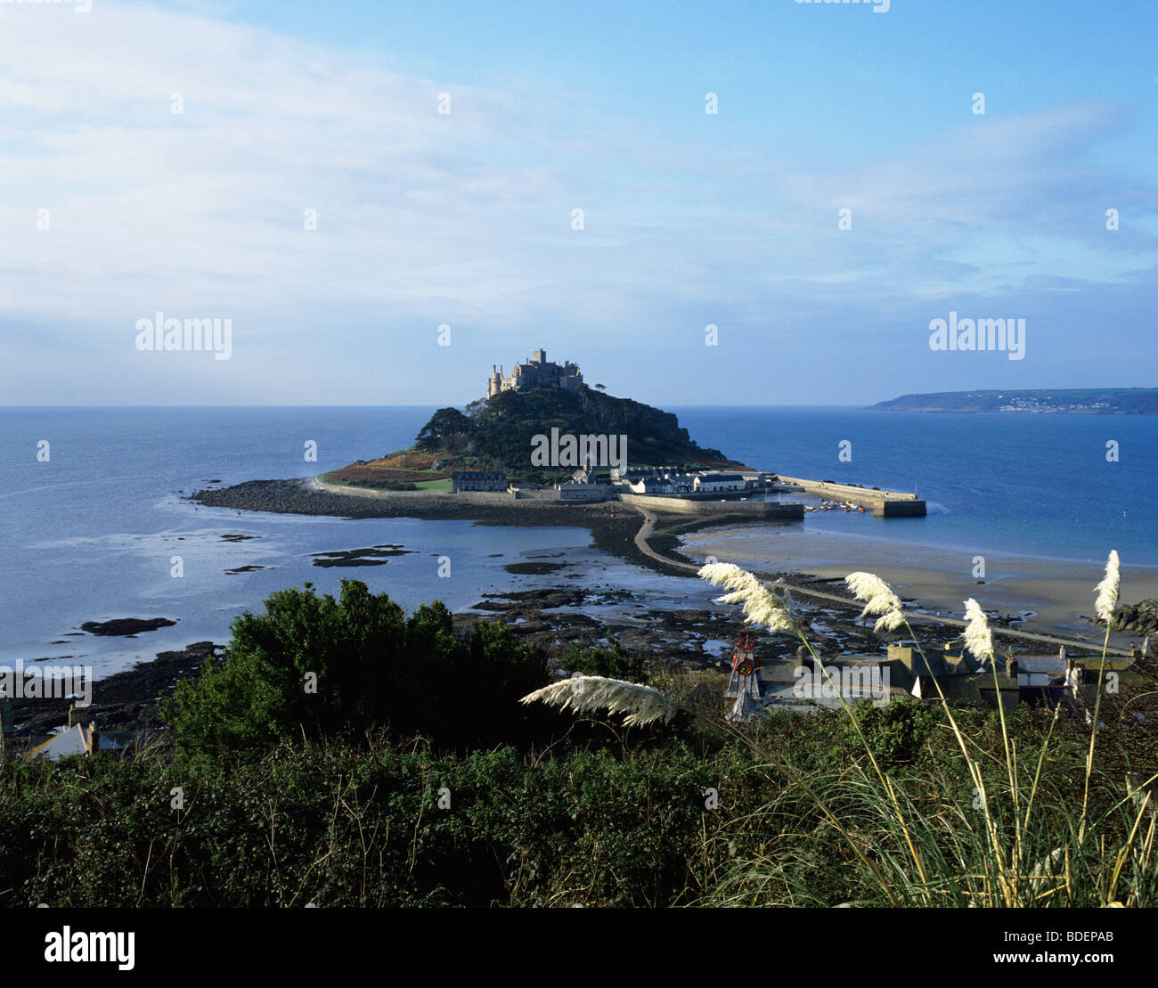 Picturesque view showing the causeway which connects St Michael's Mount ...
