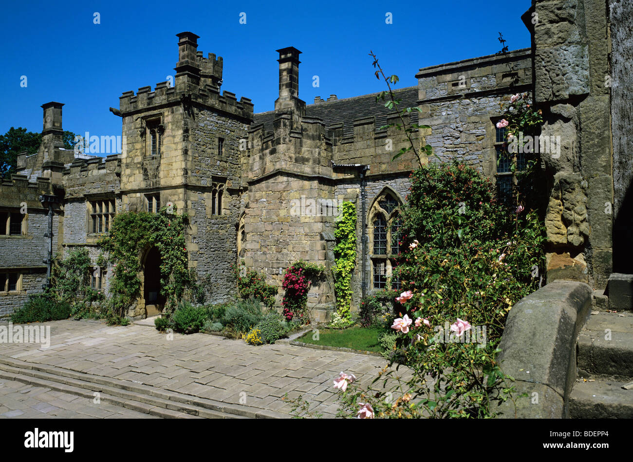 Haddon Hall, a medieval manor house on the River Wye at Bakewell Stock ...