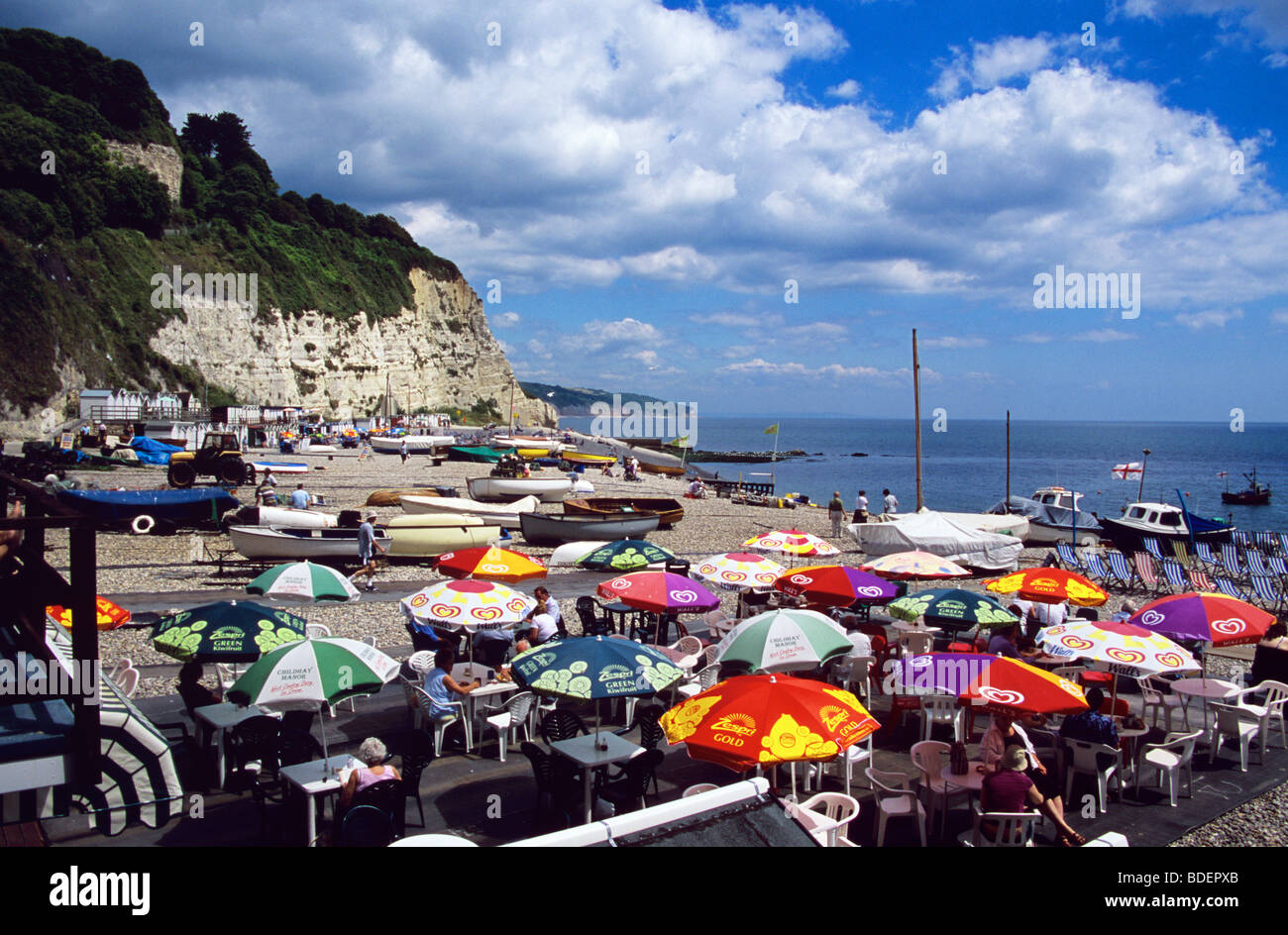 Cafe on the beach at the resort of Beer on the south Devon Coast Stock ...