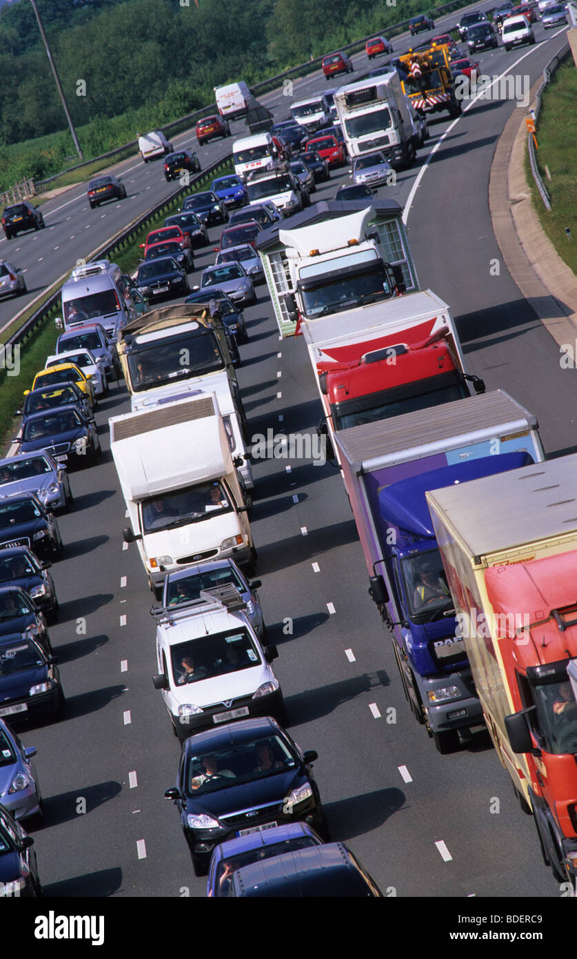 traffic jam at roadworks on the A1/M motorway near Leeds Yorkshire UK ...