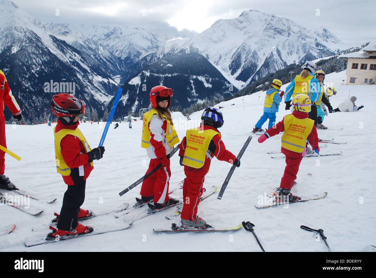 young children in ski class on mountain slope Zillertal Tirol Stock ...