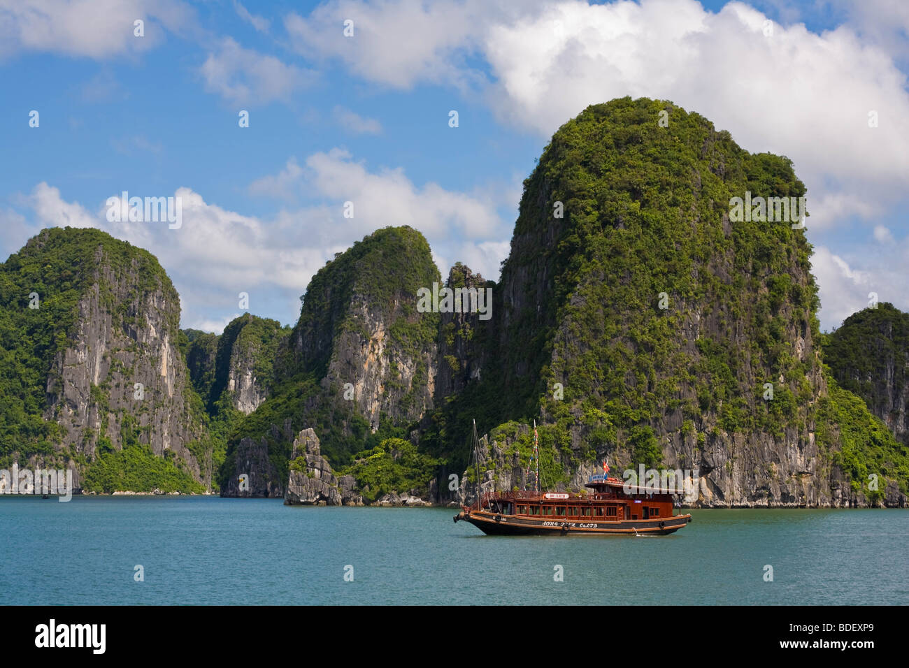 Jungle-covered limestone islands with sheer cliffs in Halong Bay ...