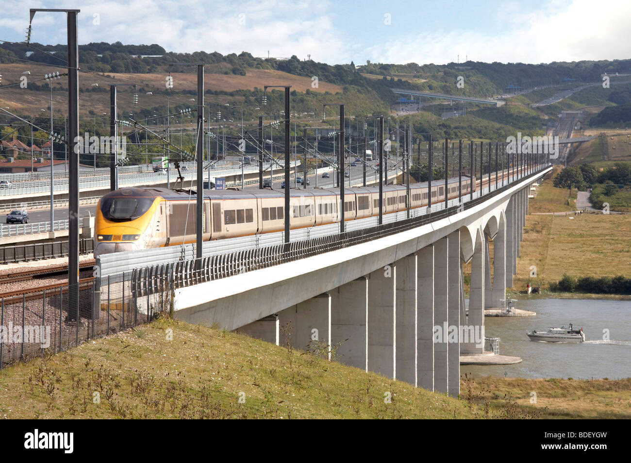 Eurostar high speed train crossing the bridge over the River Medway ...