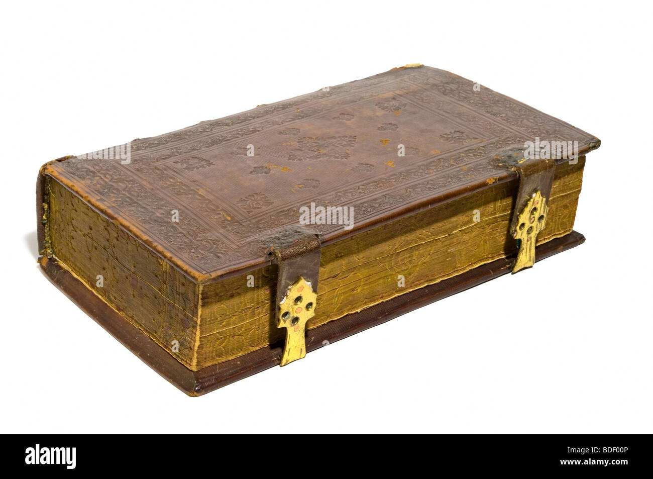 Old big book with hard cover is opened. Isolated over white Stock Photo ...