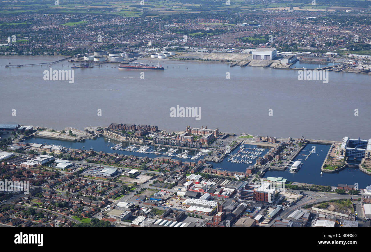 Aerial view of River Mersey, and Cammel Laird Shipyard at Birkenhead ...