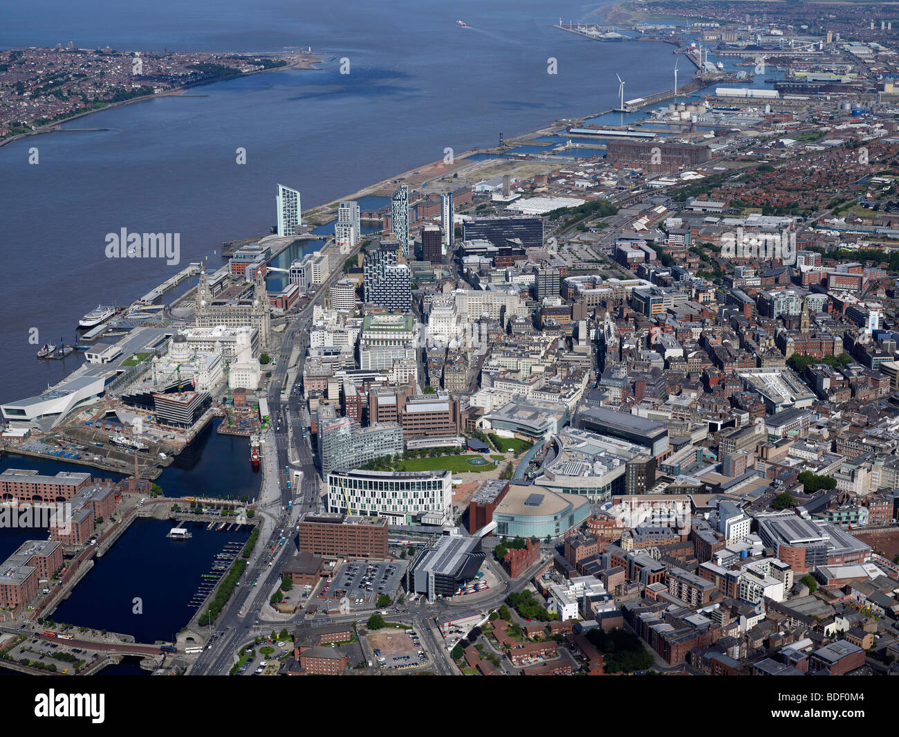 Aerial view of the River Mersey and river mouth, Liverpool, North West ...