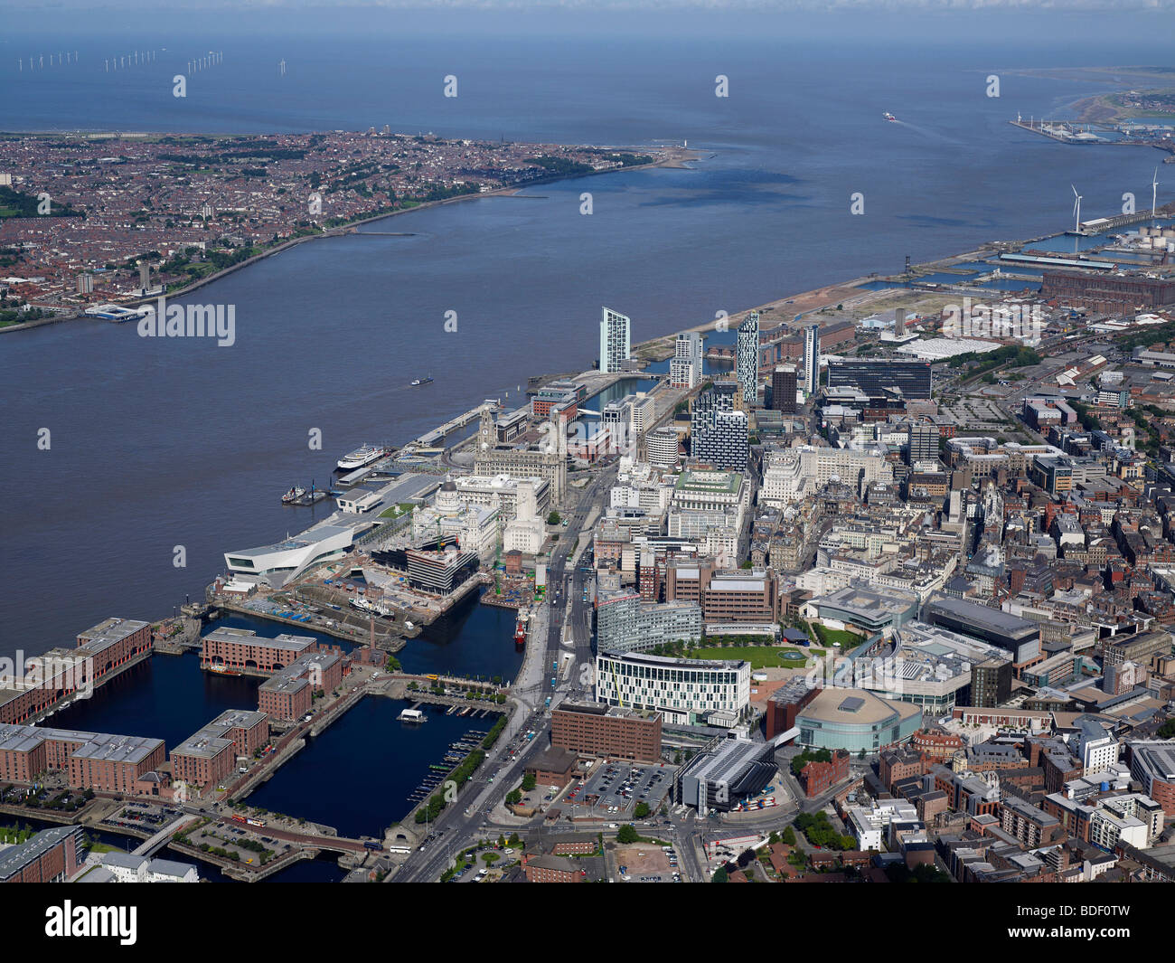 Aerial view of Liverpool and the mouth of the Mersey, , North West ...