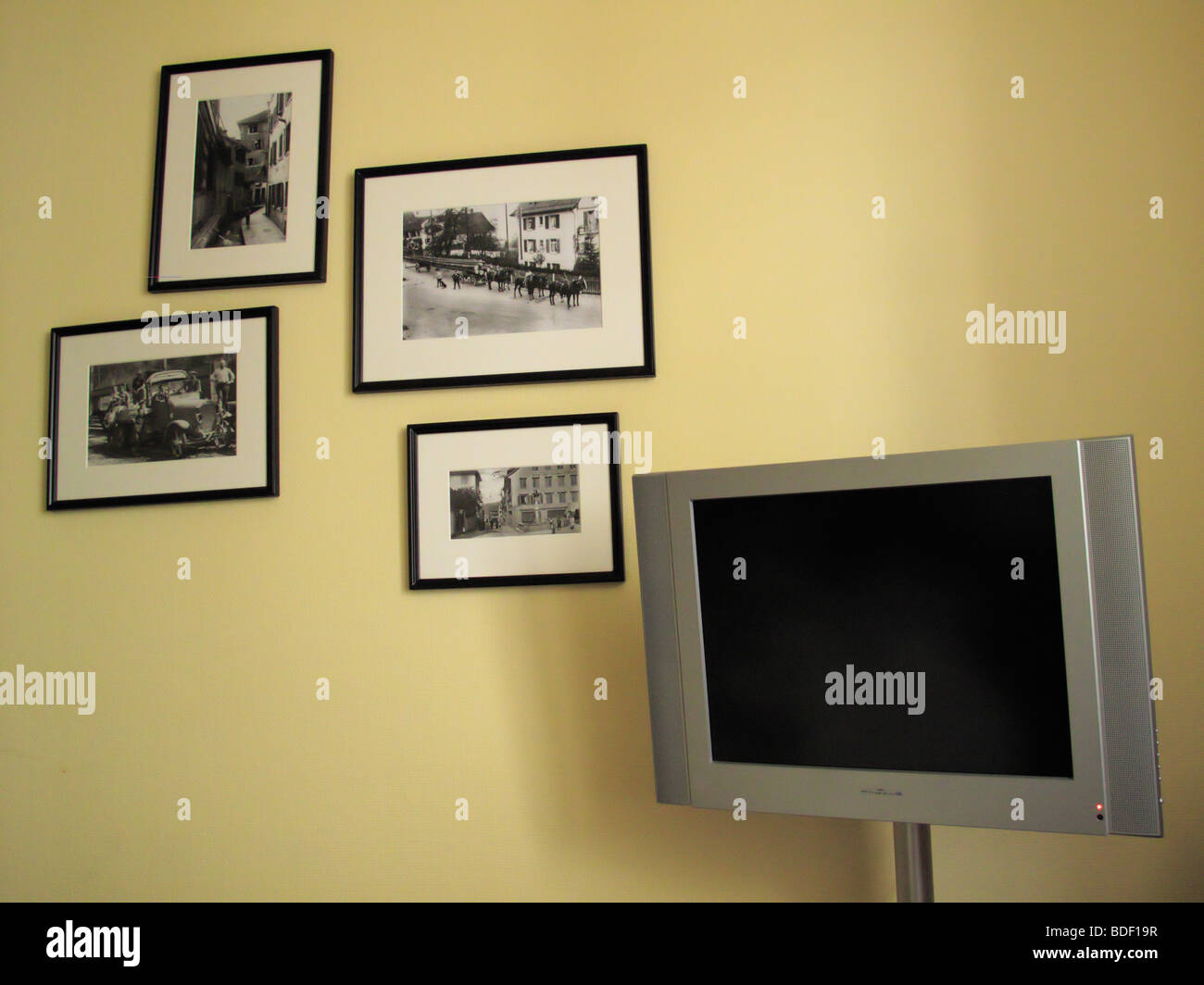 Picture frames and Television monitor in a hotel room, Horgen CH Stock ...