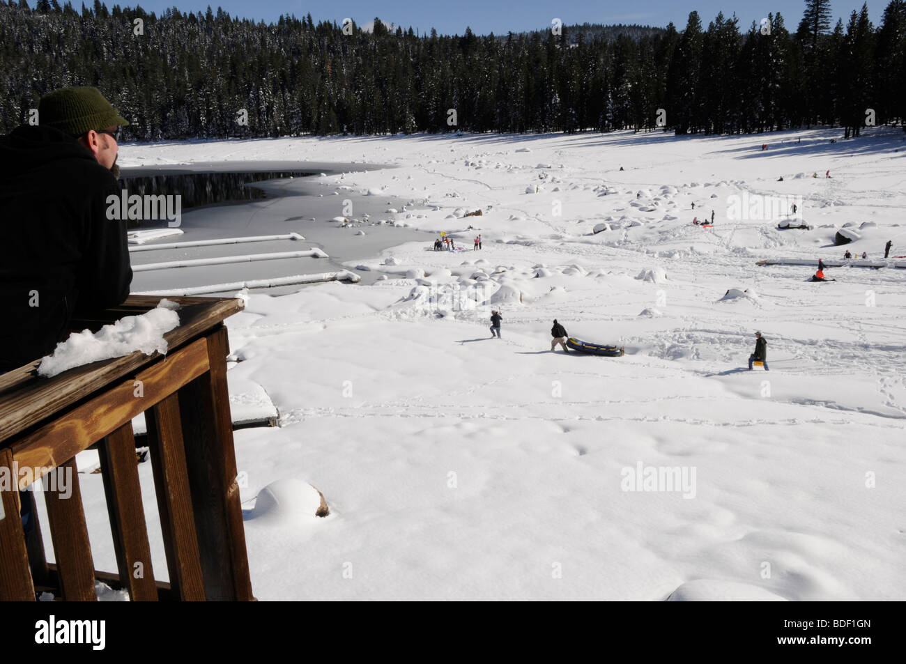 Snowy place of fun, families frolic and sledge near icy lake in soft ...