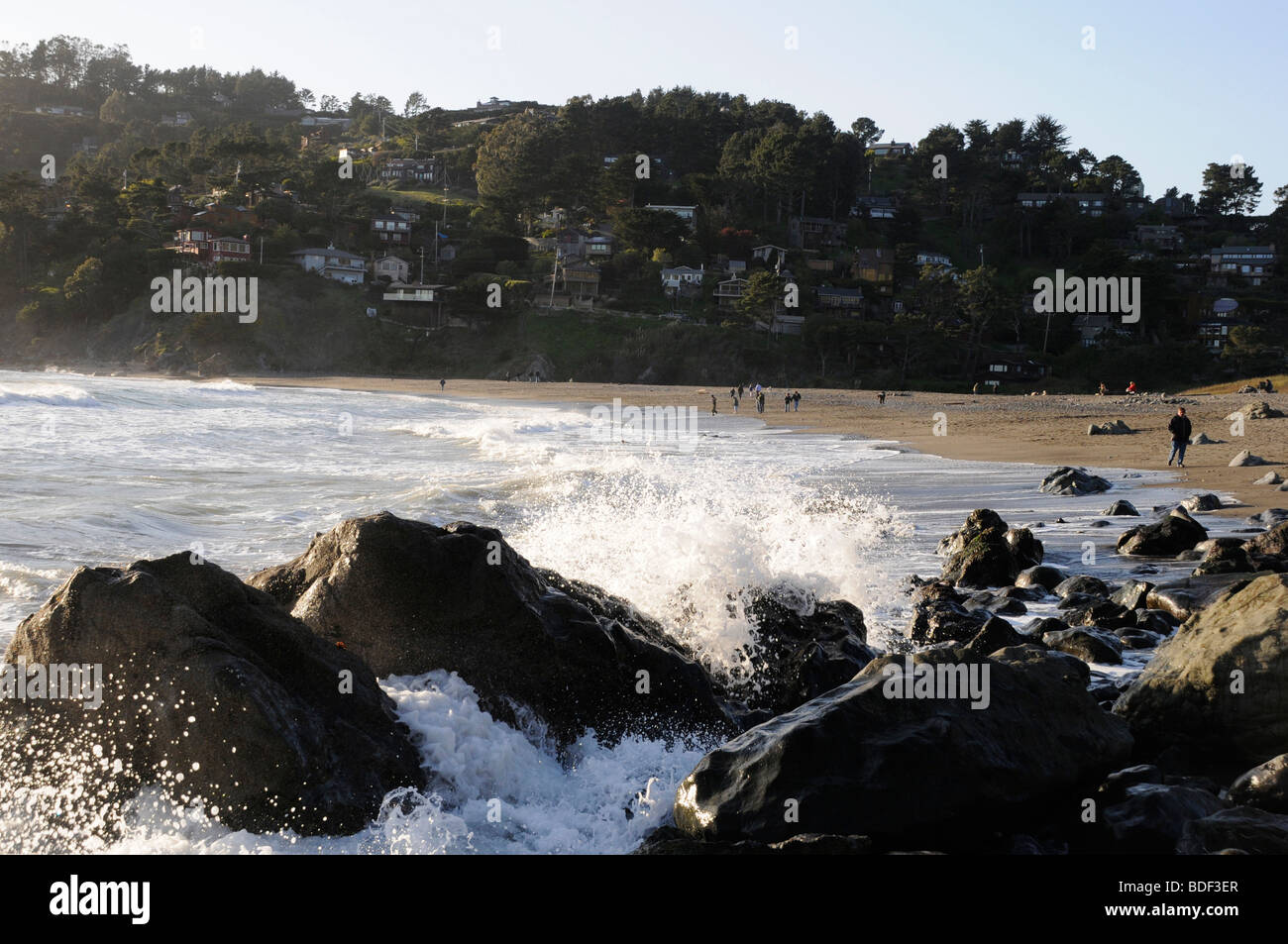 Waves crash on the rocks of Muir Beach in the Golden Gate National Park ...