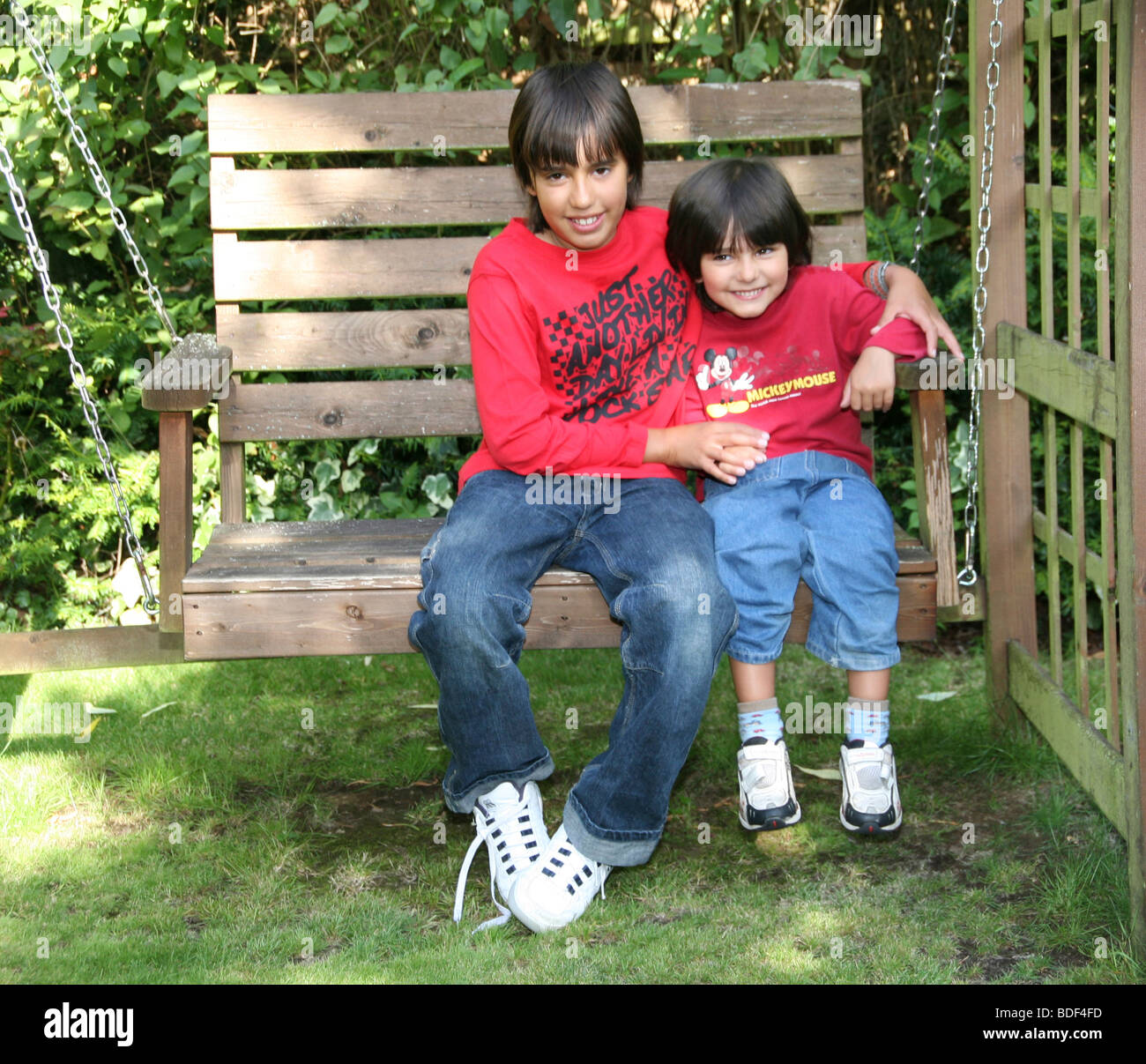 Portrait of brunette brothers hugging on wooden garden swing Stock ...