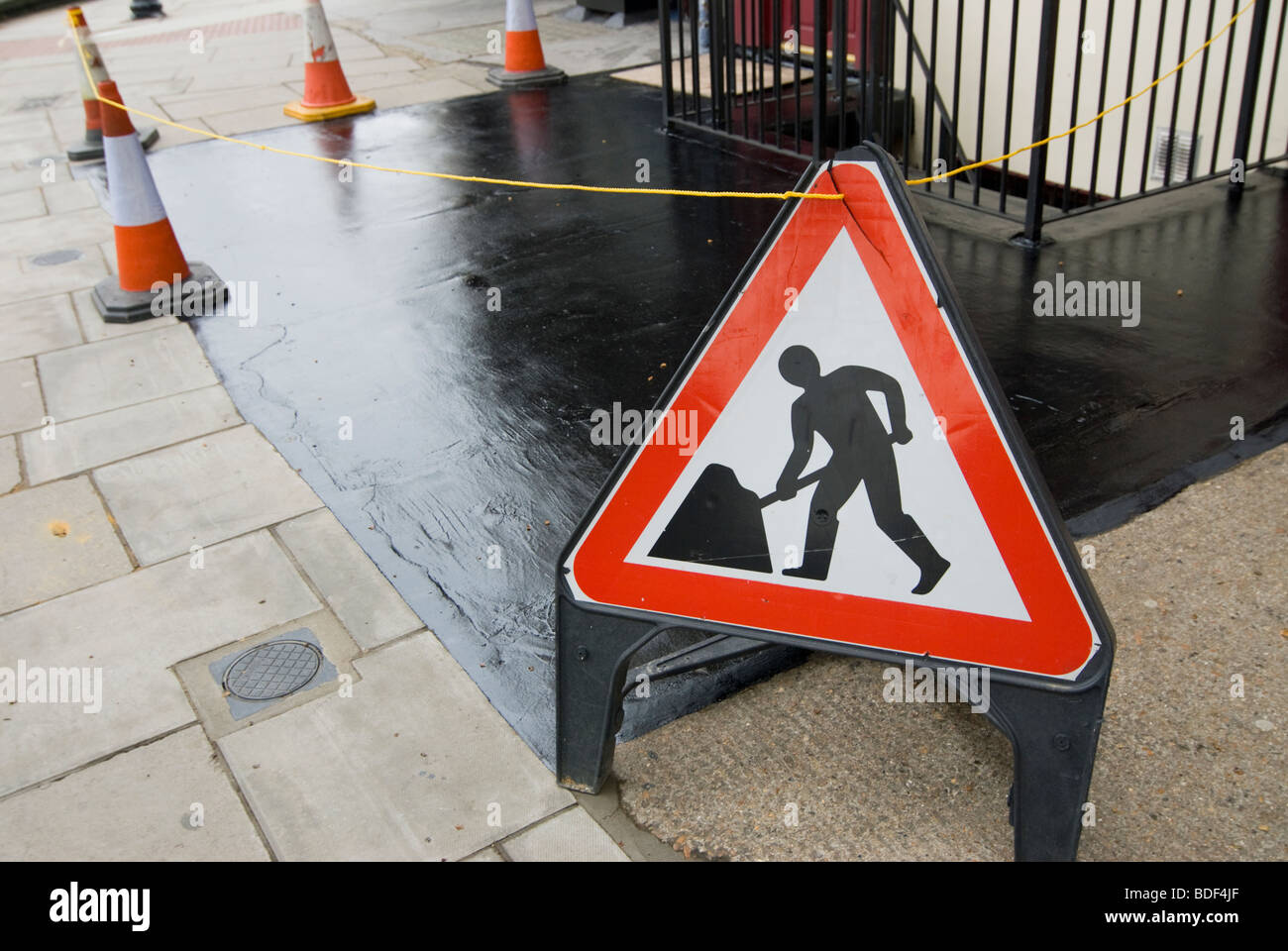 Roadwork warning sign demarcate an area where construction work is ...
