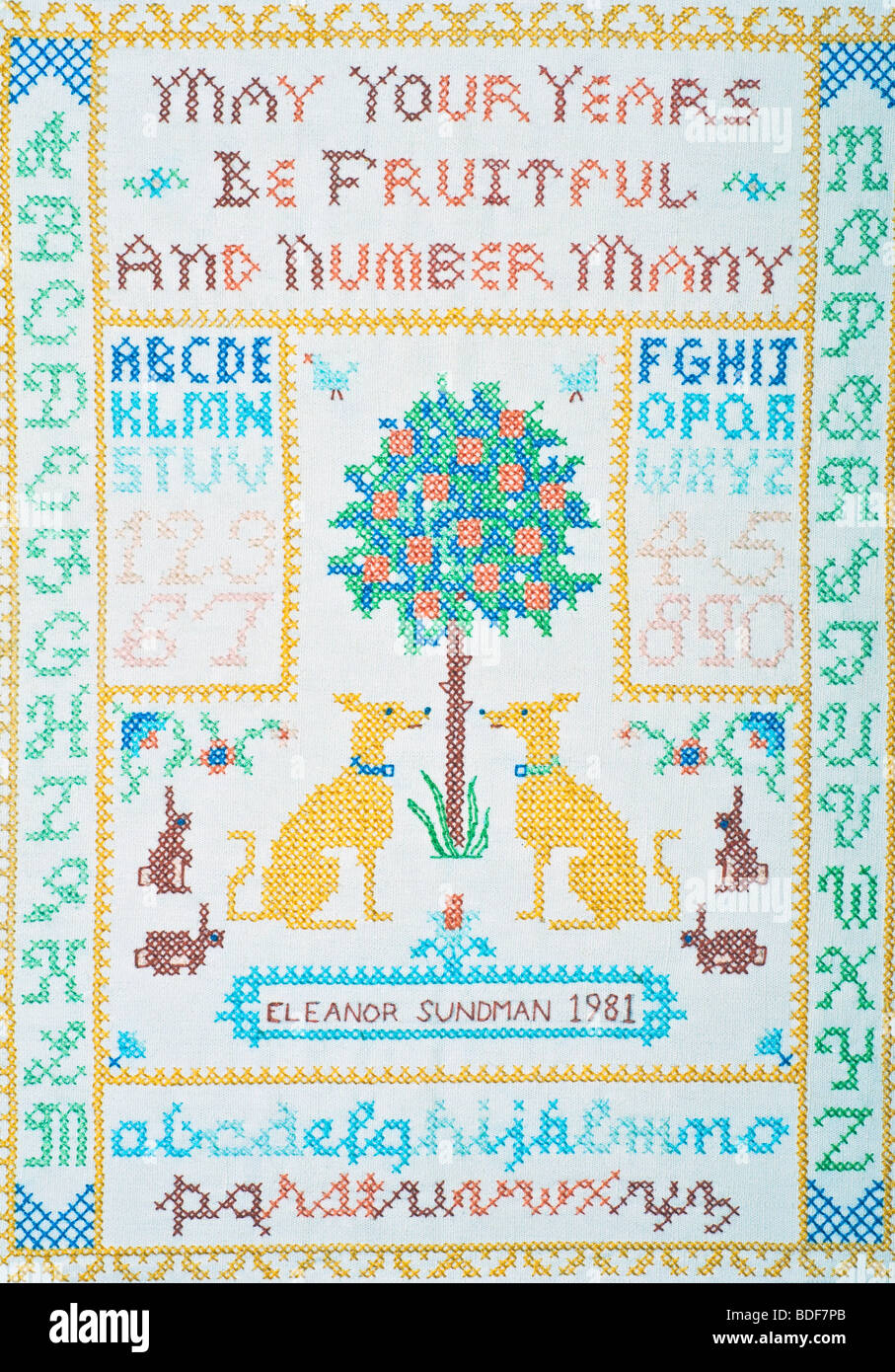 Traditional American heirloom embroidery featuring alphabet and numbers ...