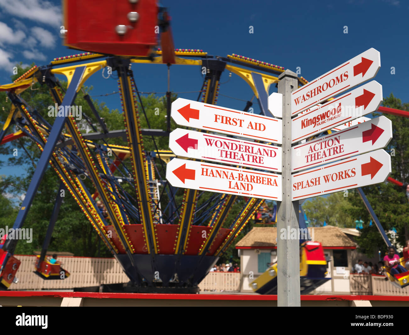 Direction signpost at Canada's Wonderland amusement park Stock Photo ...