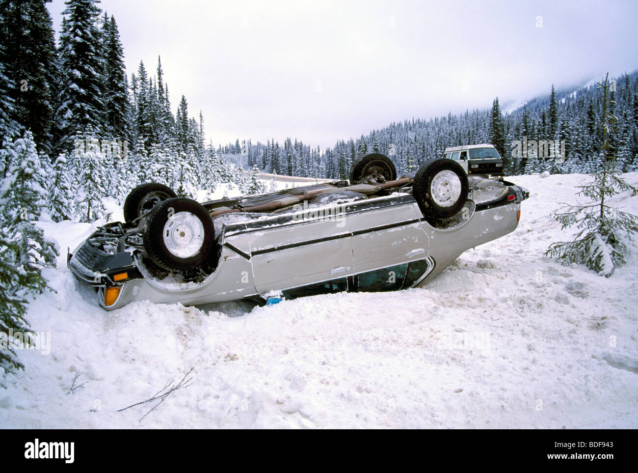 Overturned Upside Down Car In Snow Ditch After Highway Road Traffic Accident In Winter In 3462