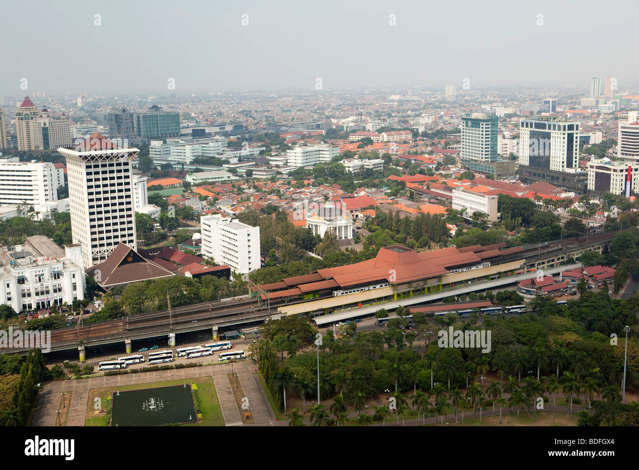 Indonesia, Java, Jakarta, Monas, elevated view of Gambir train station, from National Monument ...