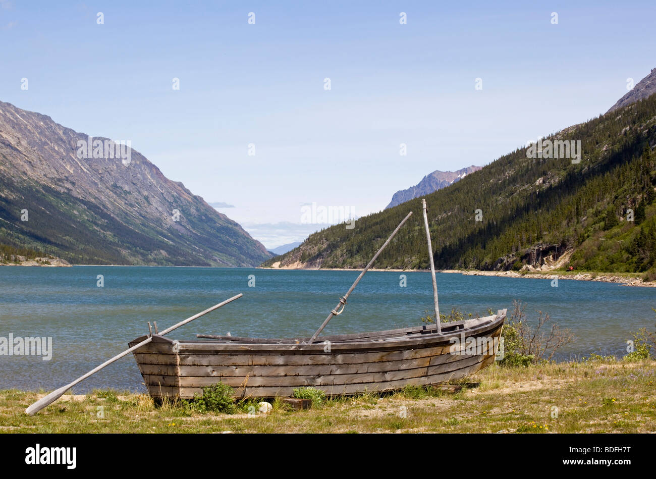 Historic wooden boat on shore of Lake Bennett, Bennett, Klondike Gold ...