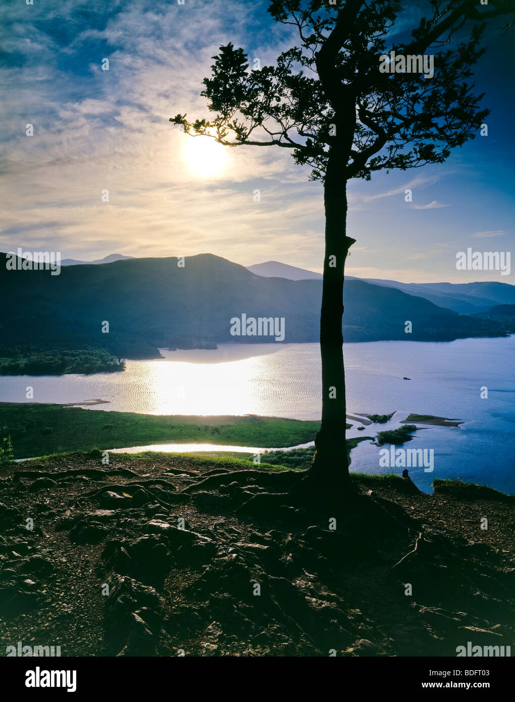 View from Lodore Wood of Derwent Water in Lake District with tree Stock ...