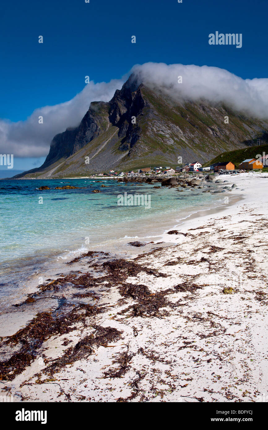 Flakstad Island: Vikten Beach with Mountains and Clouds Stock Photo - Alamy