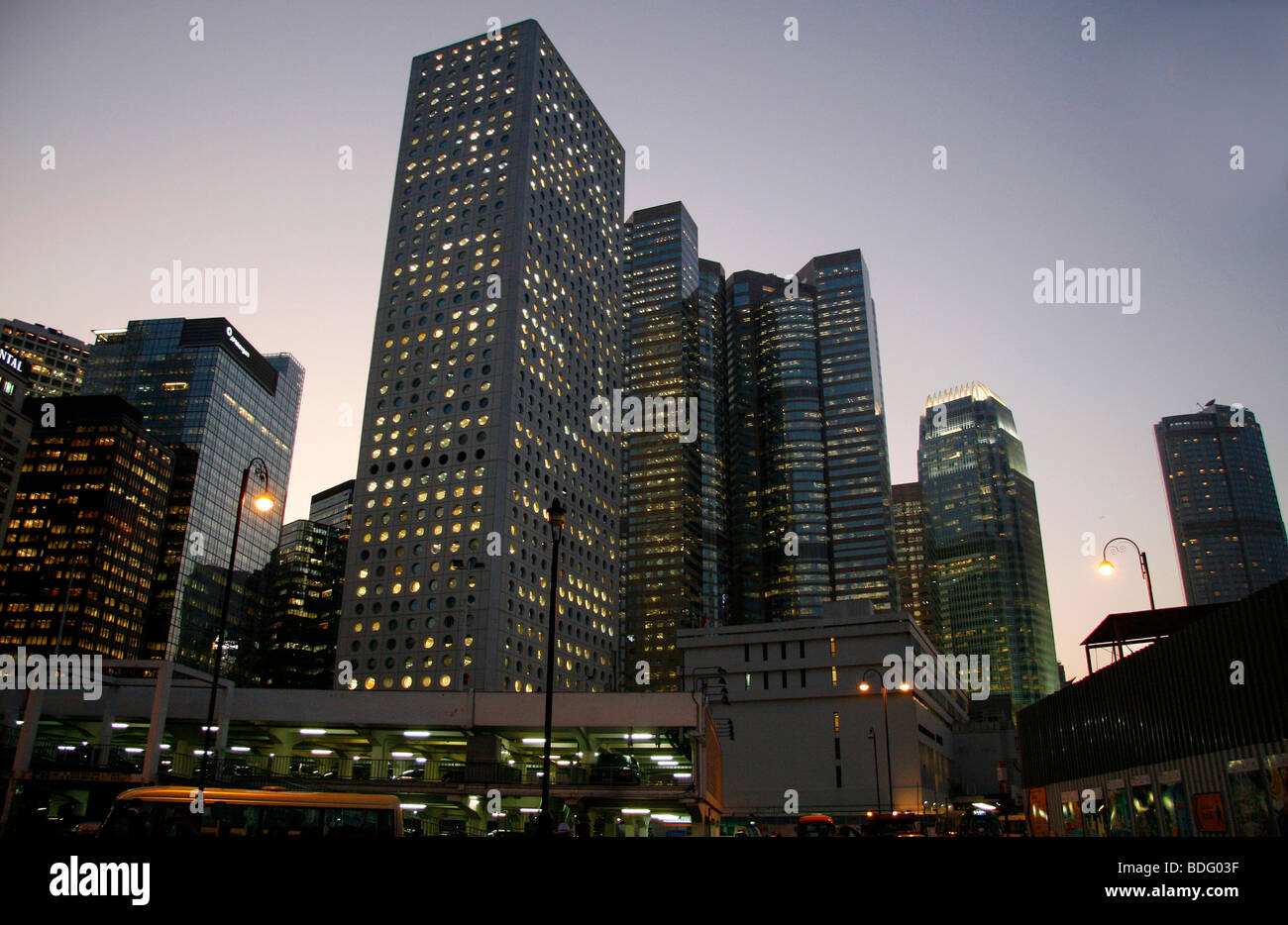 Twilight, bank building, high-rise buildings in Central district, Hong ...