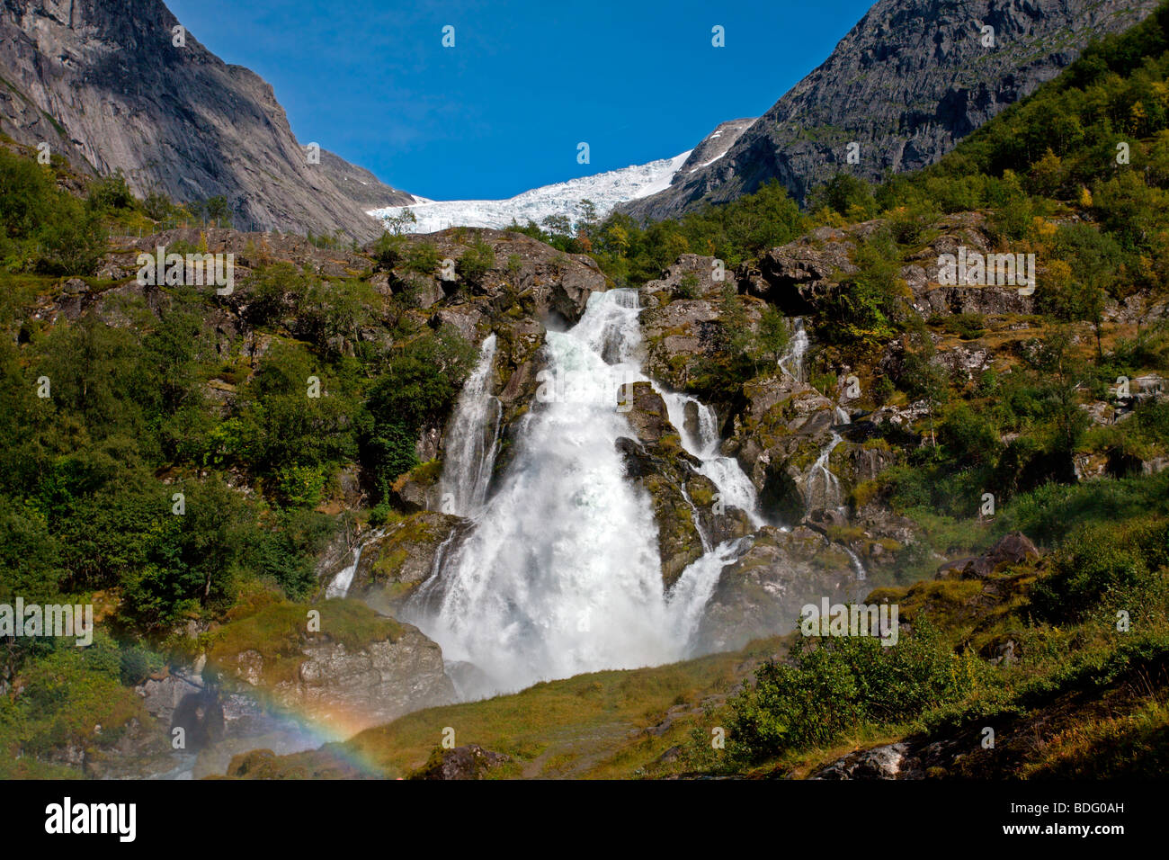 Jostedalsbreen National Park: Waterfall close to Briksdal Glacier Stock ...