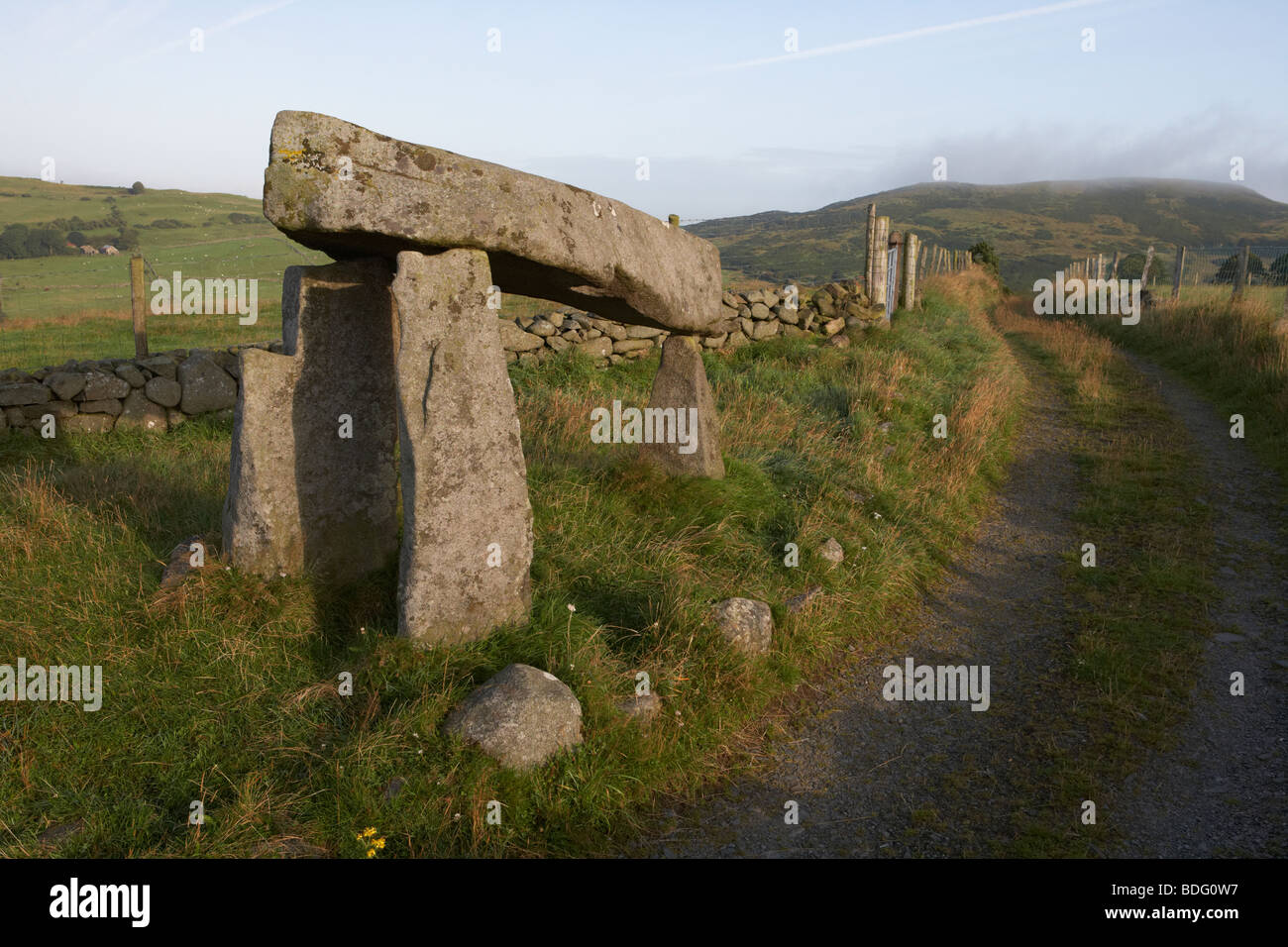 Legananny dolmen portal tomb ancient historic monument beside farmers ...