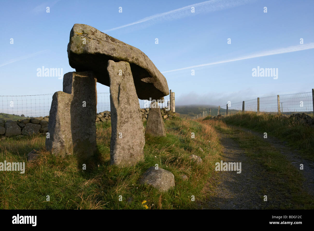 Legananny dolmen portal tomb ancient historic monument beside farmers ...