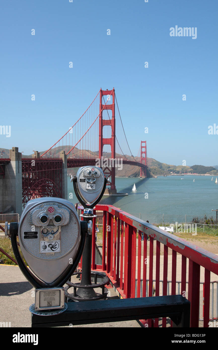 Binoculars at the lookout at the Golden Gate Bridge San Francisco ...