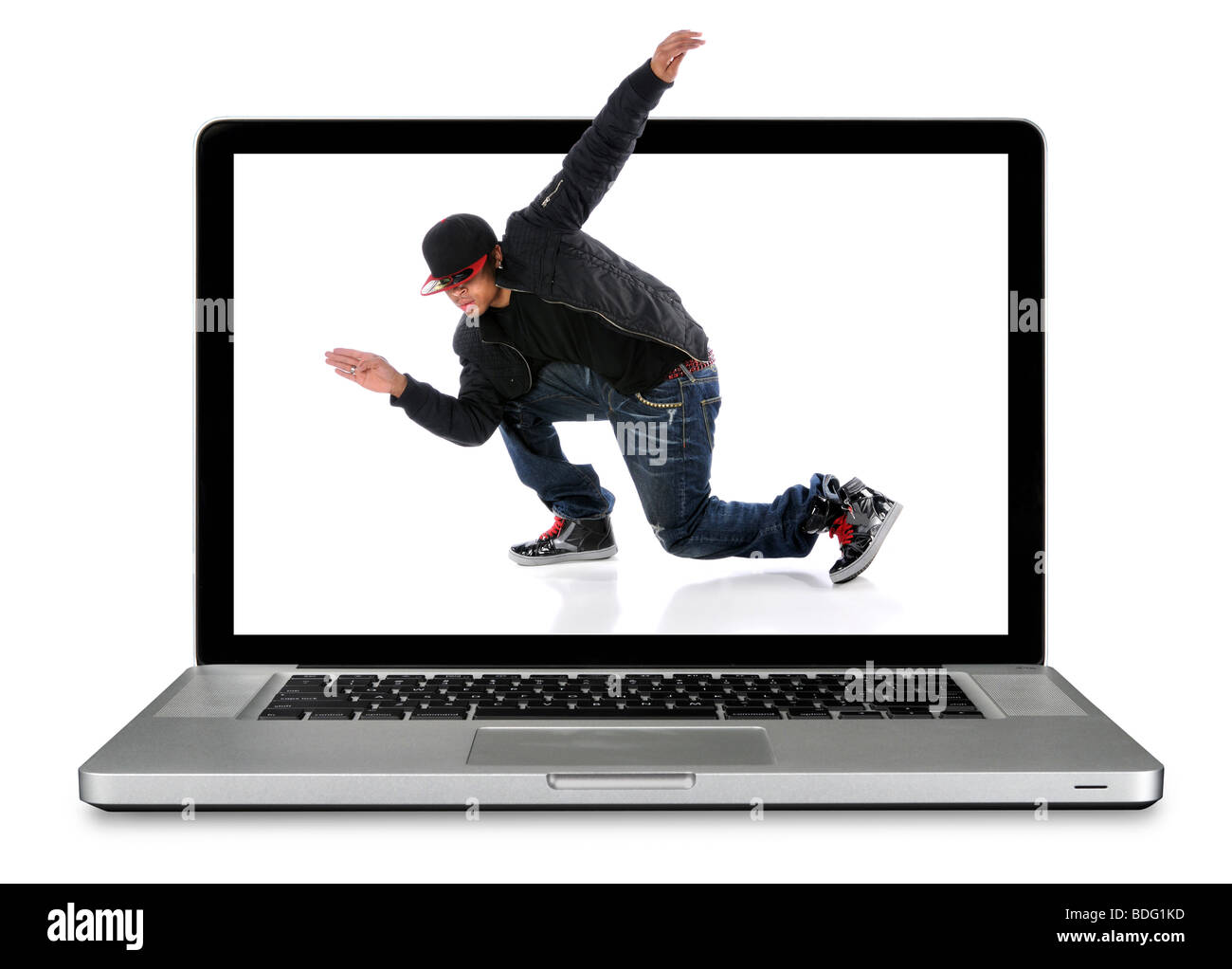 Modern laptop computer with hip hop dancer over white background Stock ...