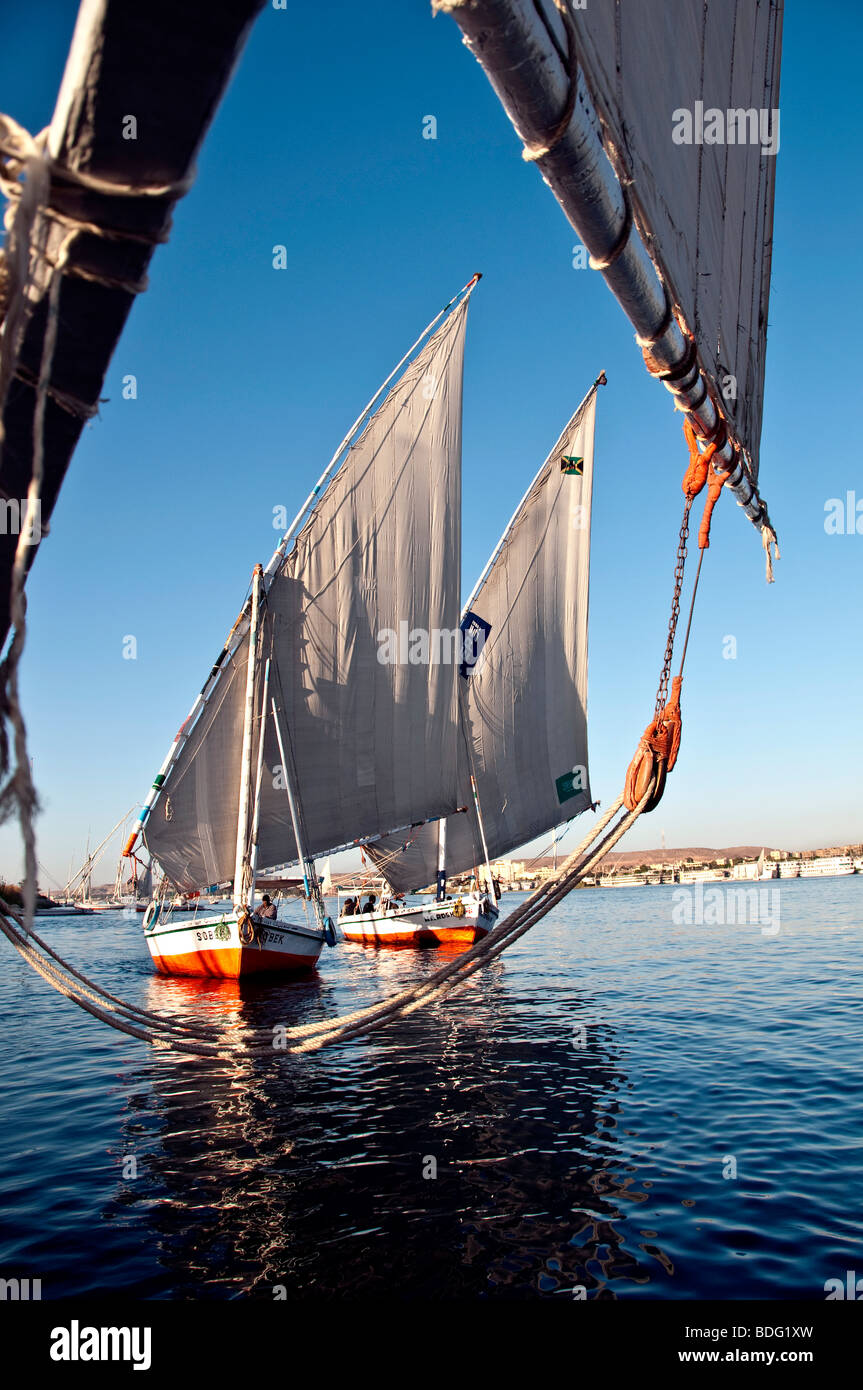 Felucca traditional wooden sailboats Nile River Aswan Egypt lateen ...