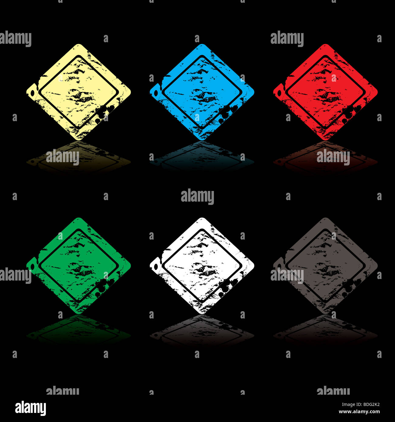 collection of six rounded grunge square icons with reflection Stock ...