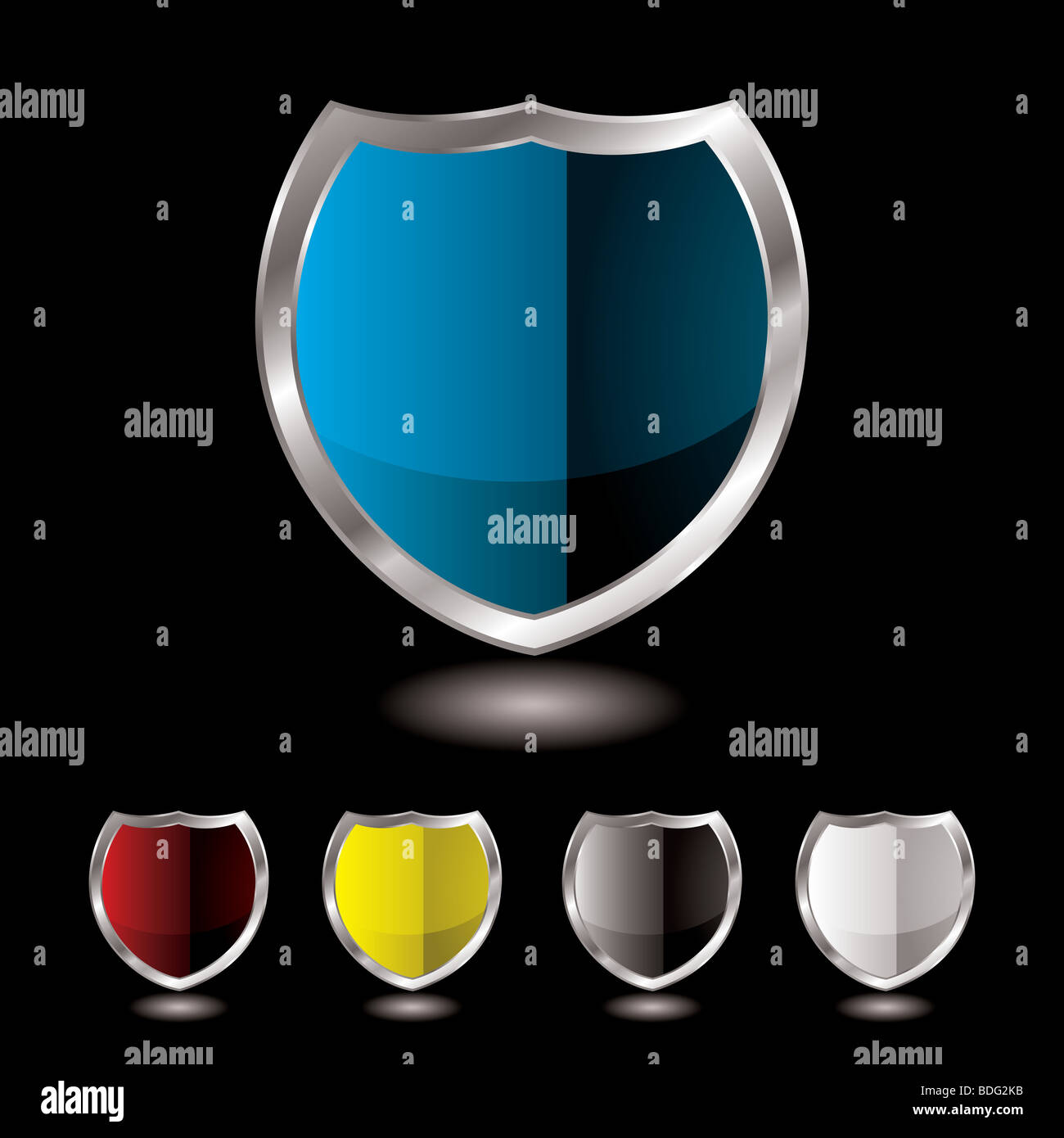 Collection of five shields with black background and reflection Stock ...