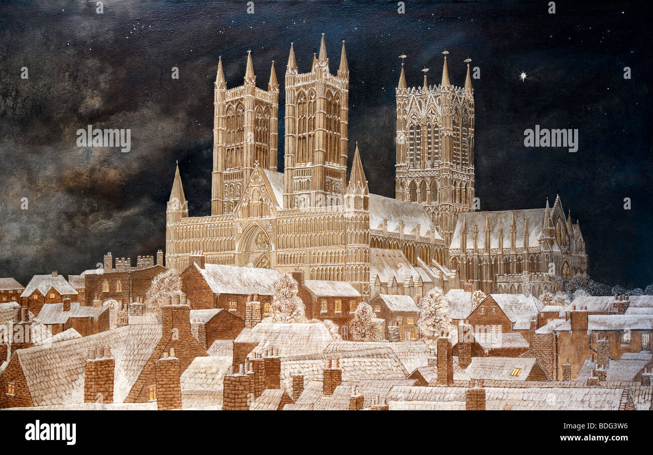 Lincoln cathedral in the snow oil on canvas Stock Photo - Alamy