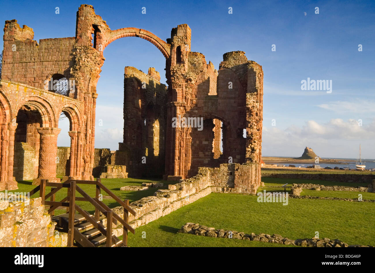 Lindisfarne Priory on Holy Island of the Northumberland coast Stock ...