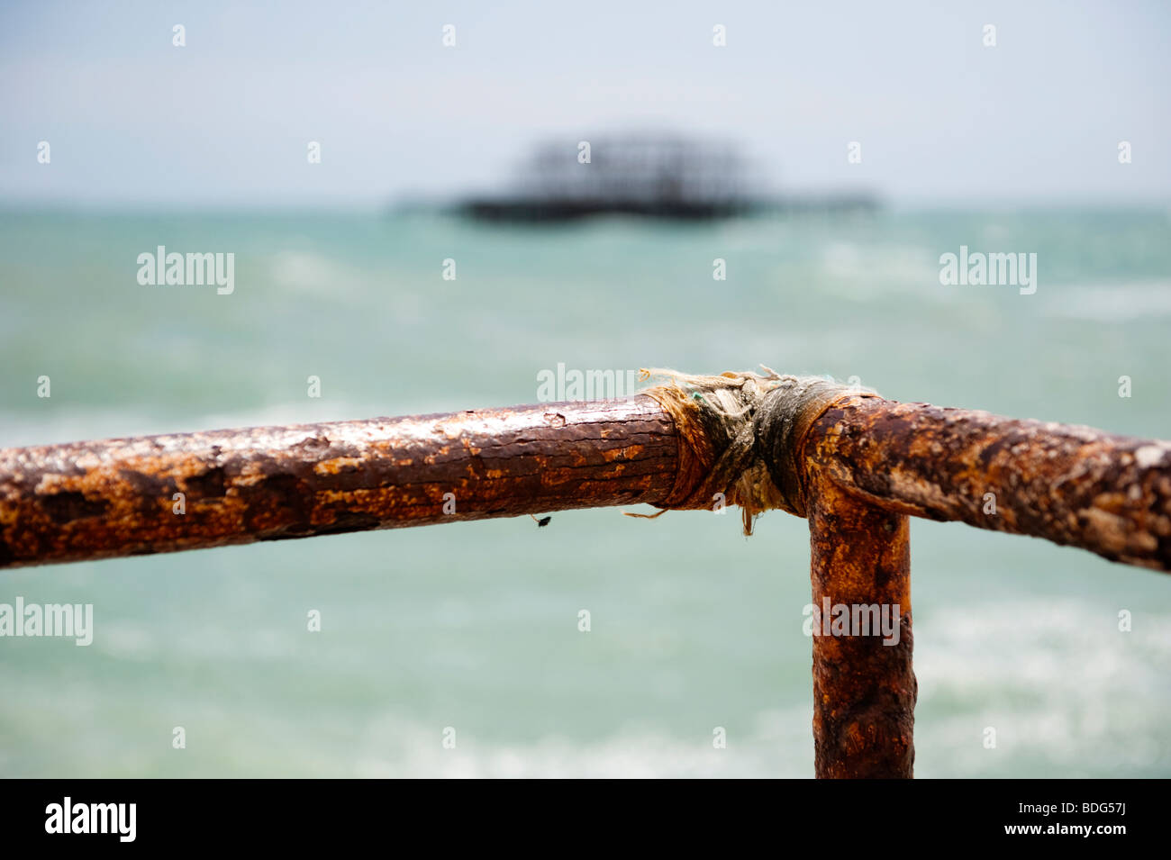 weathered steel railing at the ocean Stock Photo - Alamy