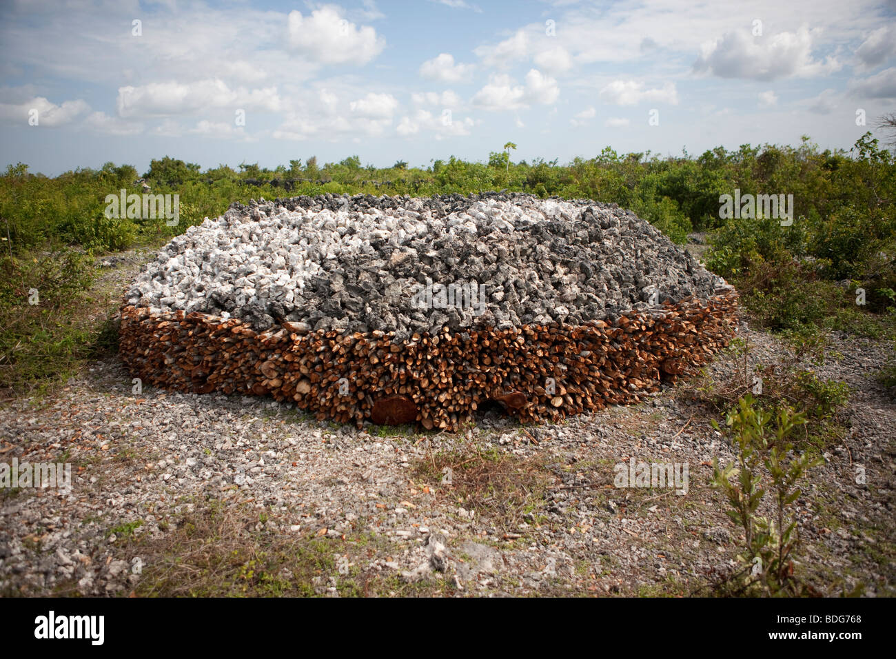Stacks of coral in a furnace, for the extraction of cement from coral ...