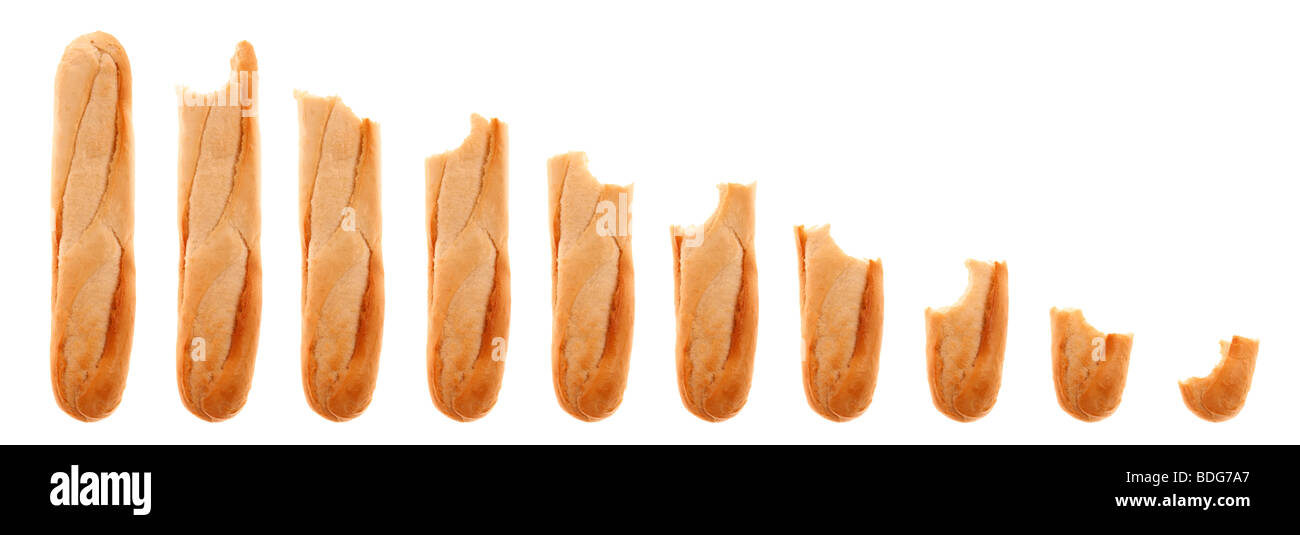 Series of whole and bitten baguette progressively being eaten away ...