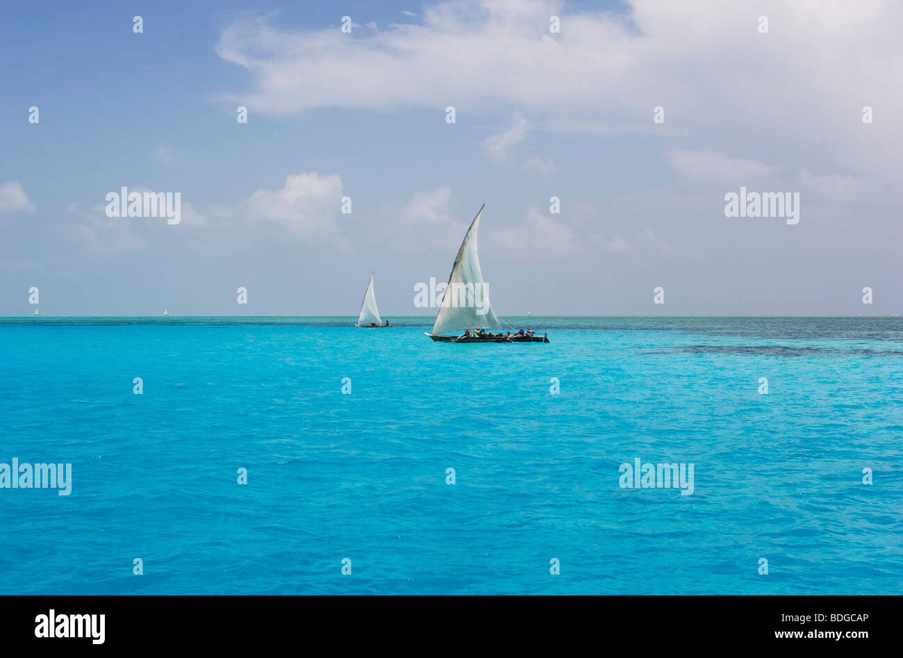 Traditional Dhow boats sail at Mnemba in azure sea. Zanzibar is a small ...